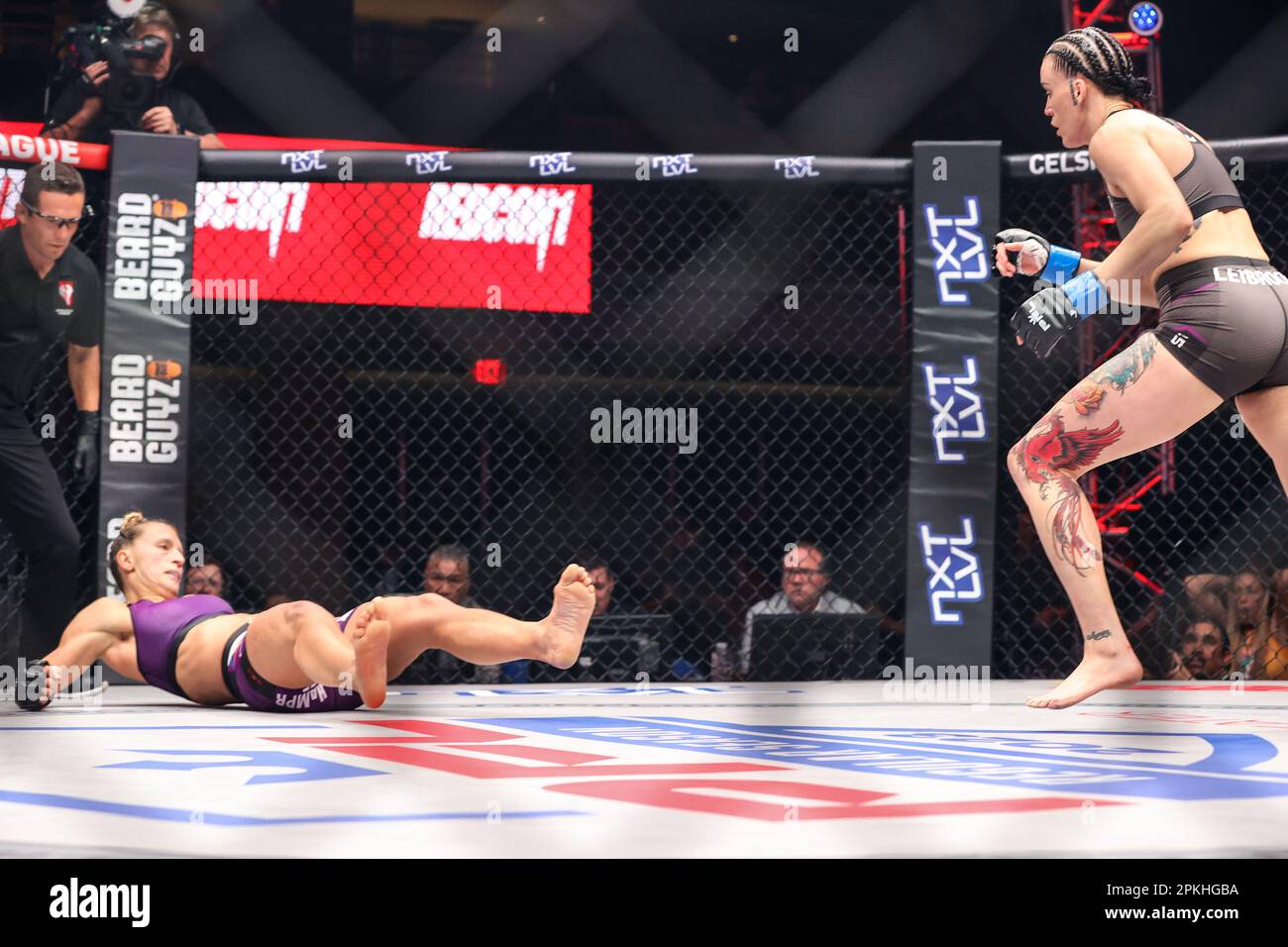 April 7, 2023: (R-L) Featherweight Amber Leibrock knocks down Martina Jindrova during their PFL ...