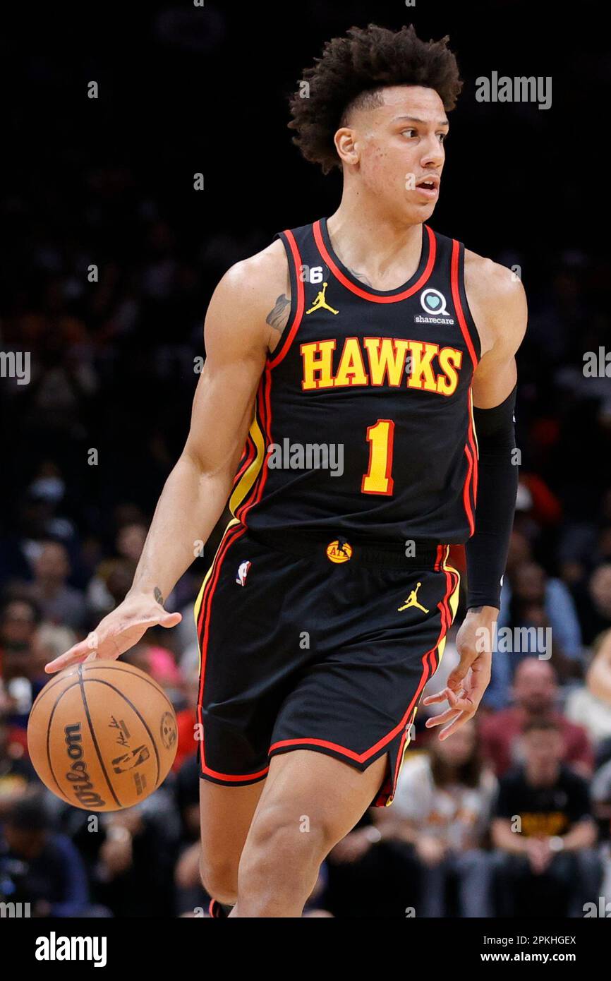 Atlanta Hawks forward Jalen Johnson drives down court during the first ...