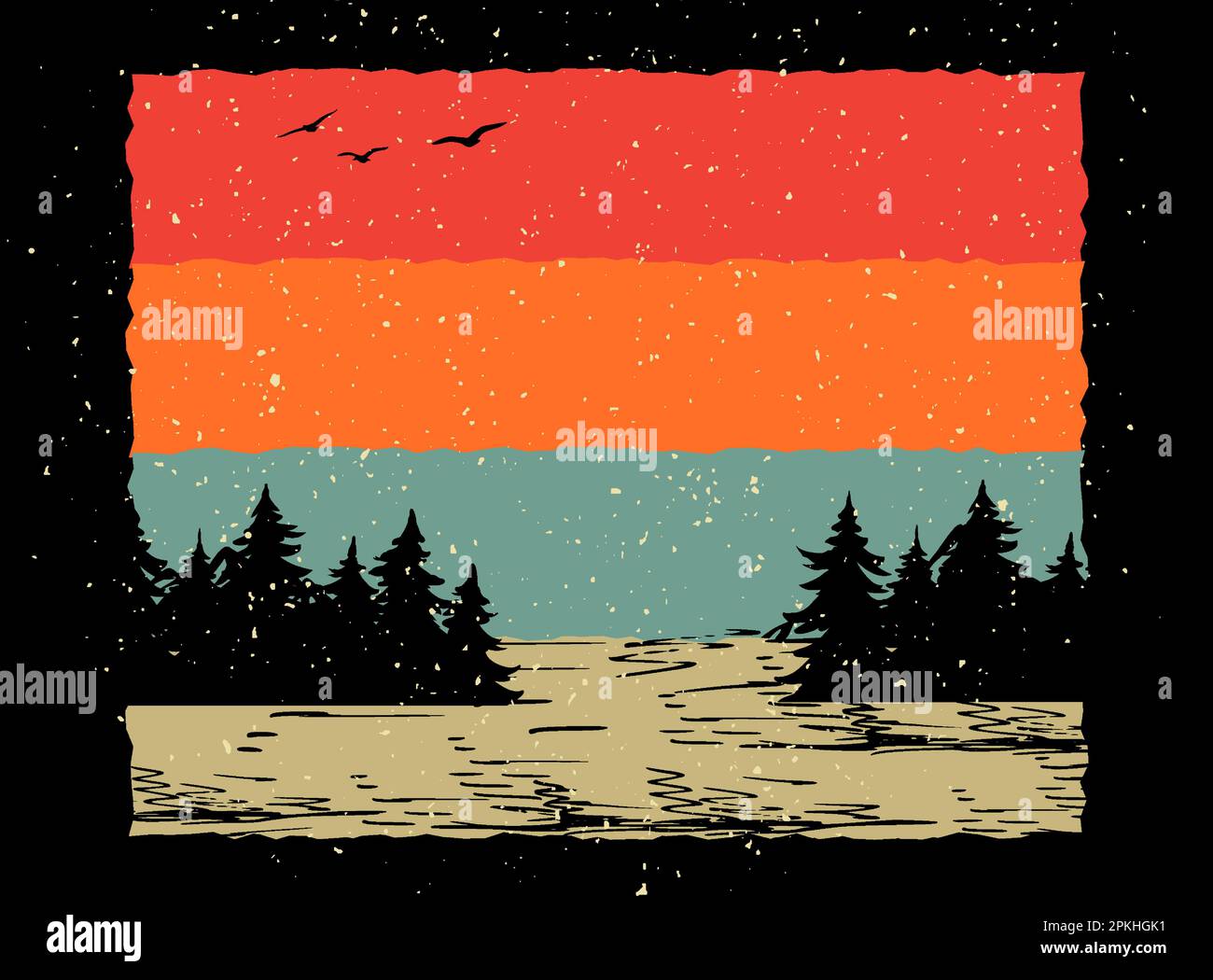 Retro Sunset . 70s Style Grunge Striped Sunset Forest Landscape Retro ...