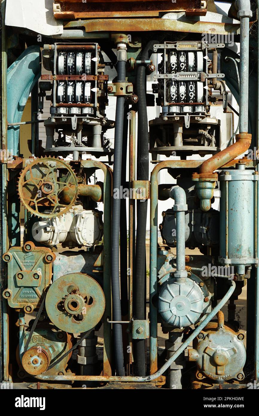 Inside workings of an old petrol bowser pump/ gas pump Stock Photo - Alamy