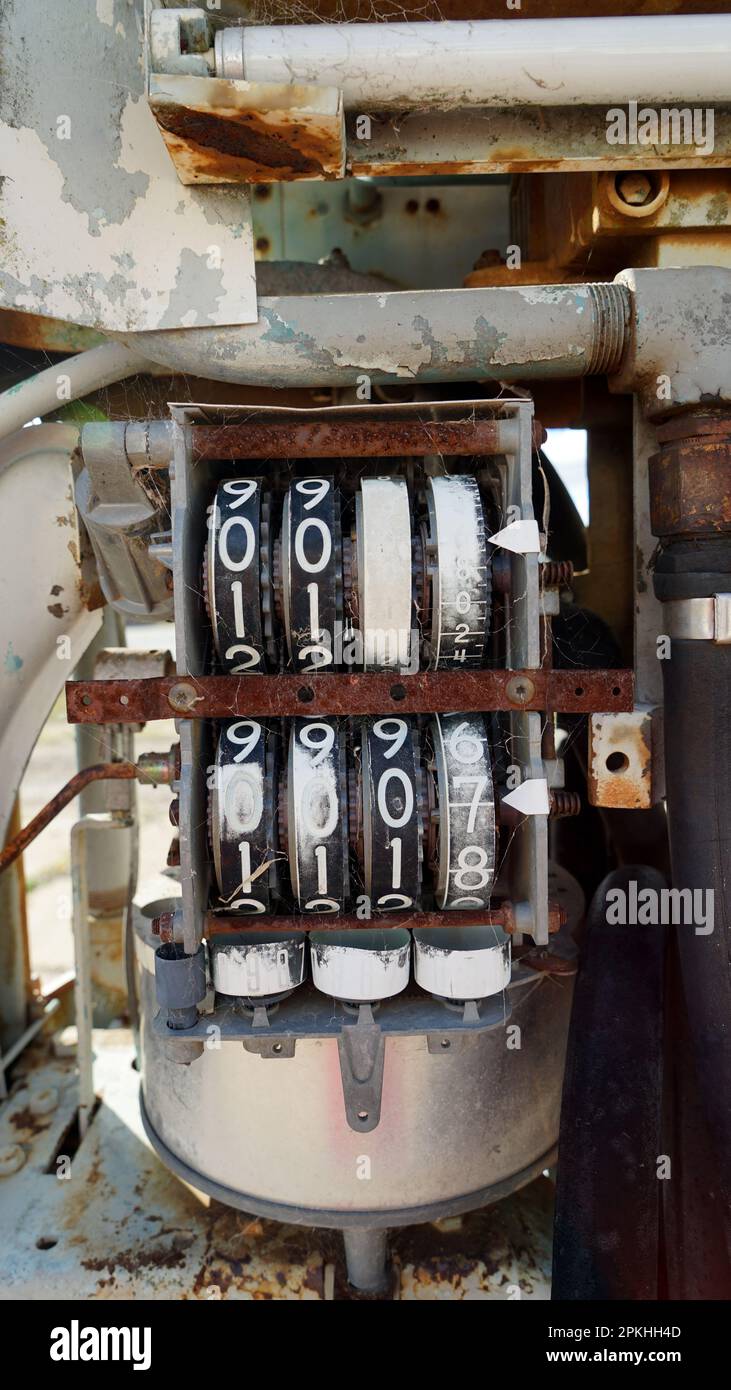 Detailed view showing price dials with numbers inside a vintage fuel ...