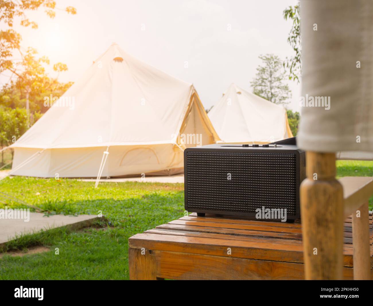 Camping picnic tent campground in outdoor hiking forest. Camper while ...