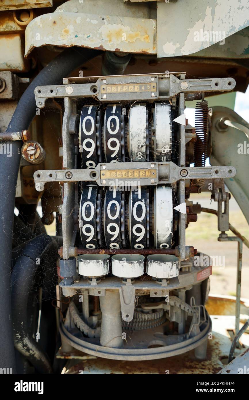Detailed view showing price dials with numbers inside a vintage fuel ...