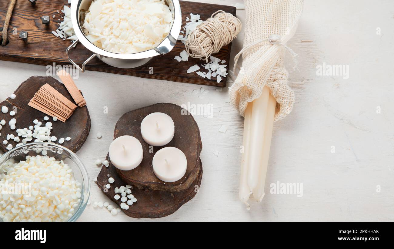Set for homemade natural eco soy wax candles on white background ...