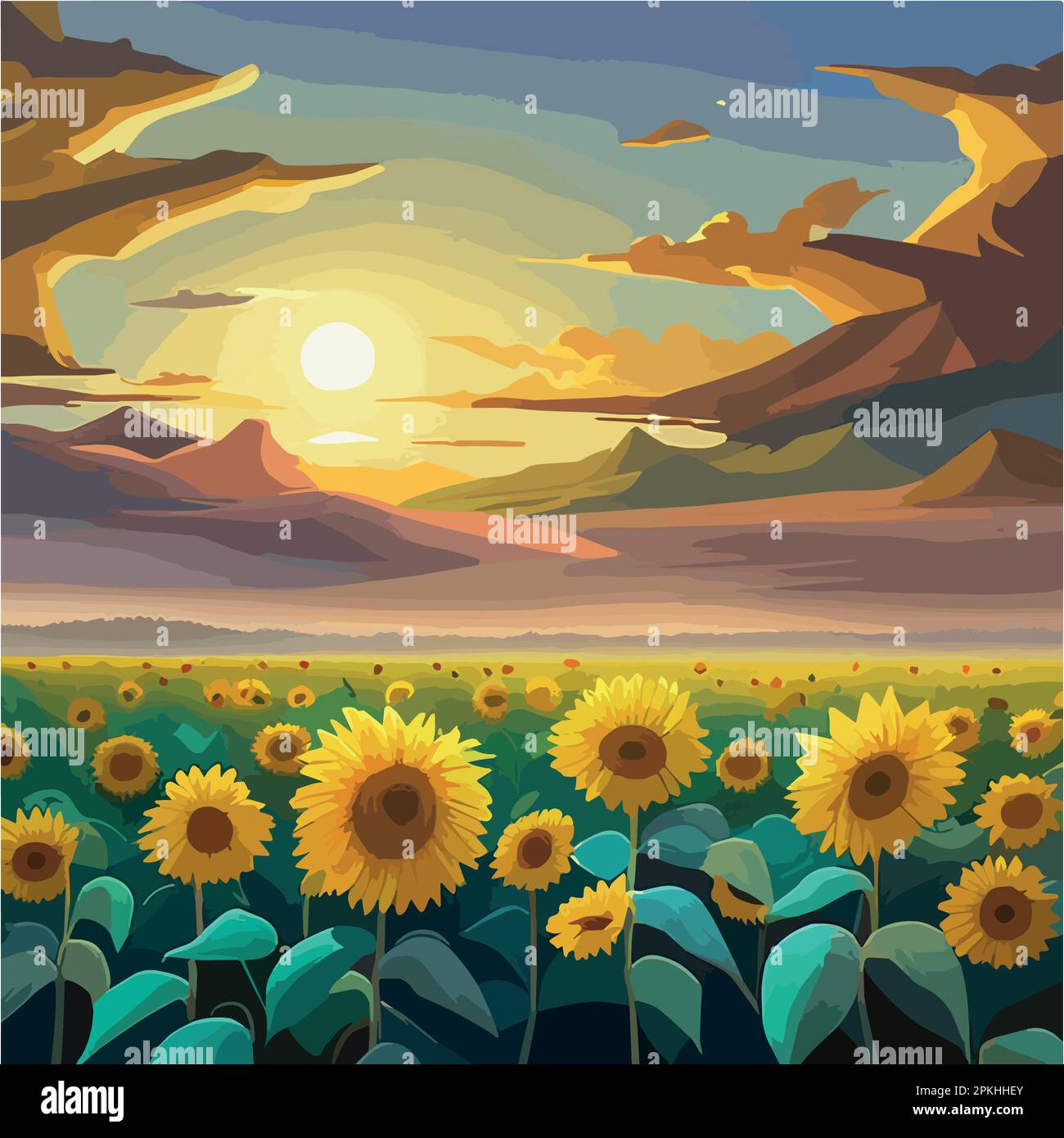 Rural landscape with field sunflowers, farm, fields, meadows and ...