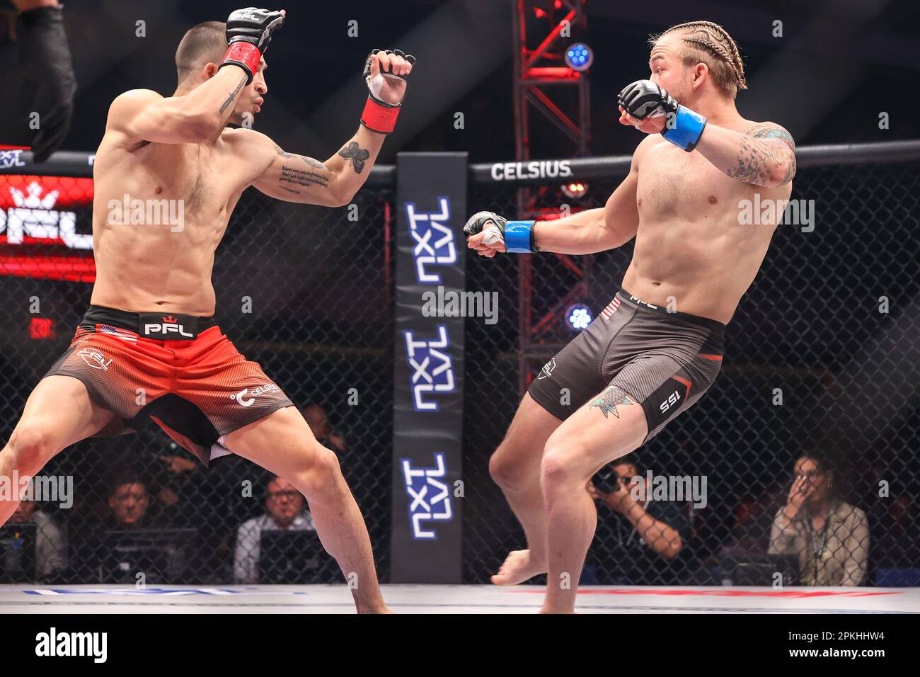 April 7, 2023: (R-L) Amateur Lightweight Isaiah Figueroa kicks Biaggio ...