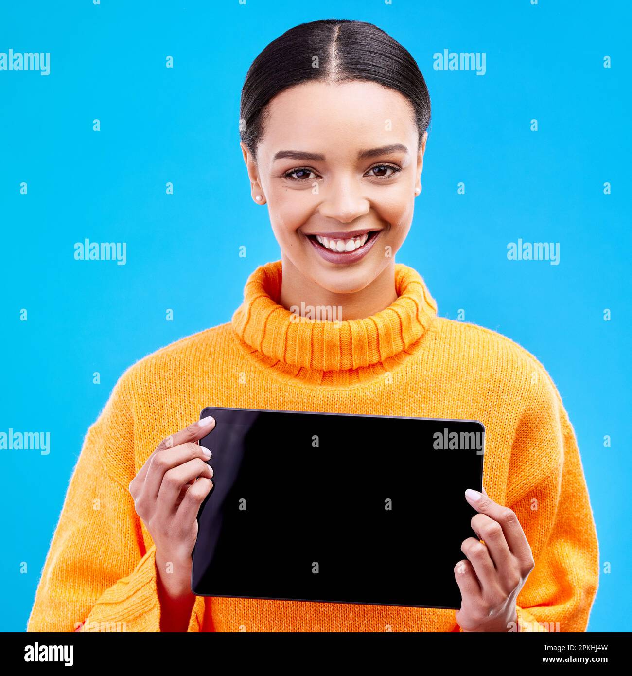 Tablet, mockup and smile with portrait of woman in studio for website ... Tablet, mockup and smile with portrait of woman in studio for website ...