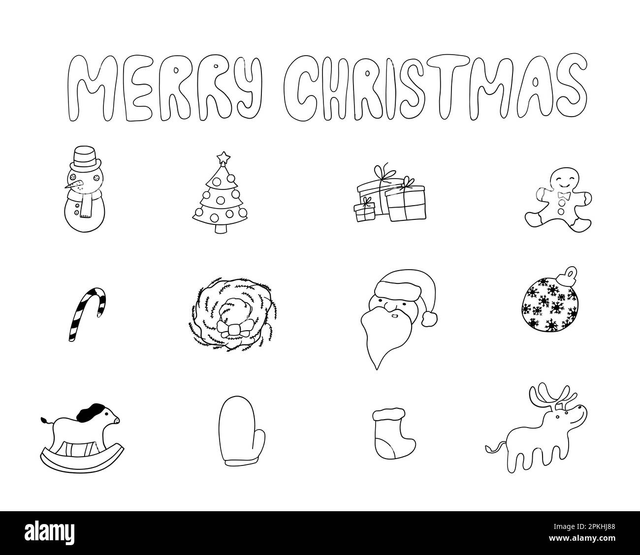 Merry Christmas Set. Vector elements in outline doodle style isolated ...