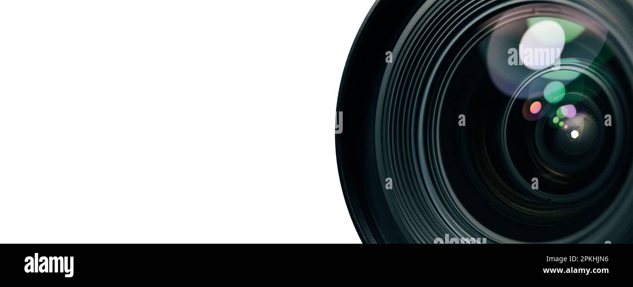 Front of camera lens with reflected light on white background, banner ...