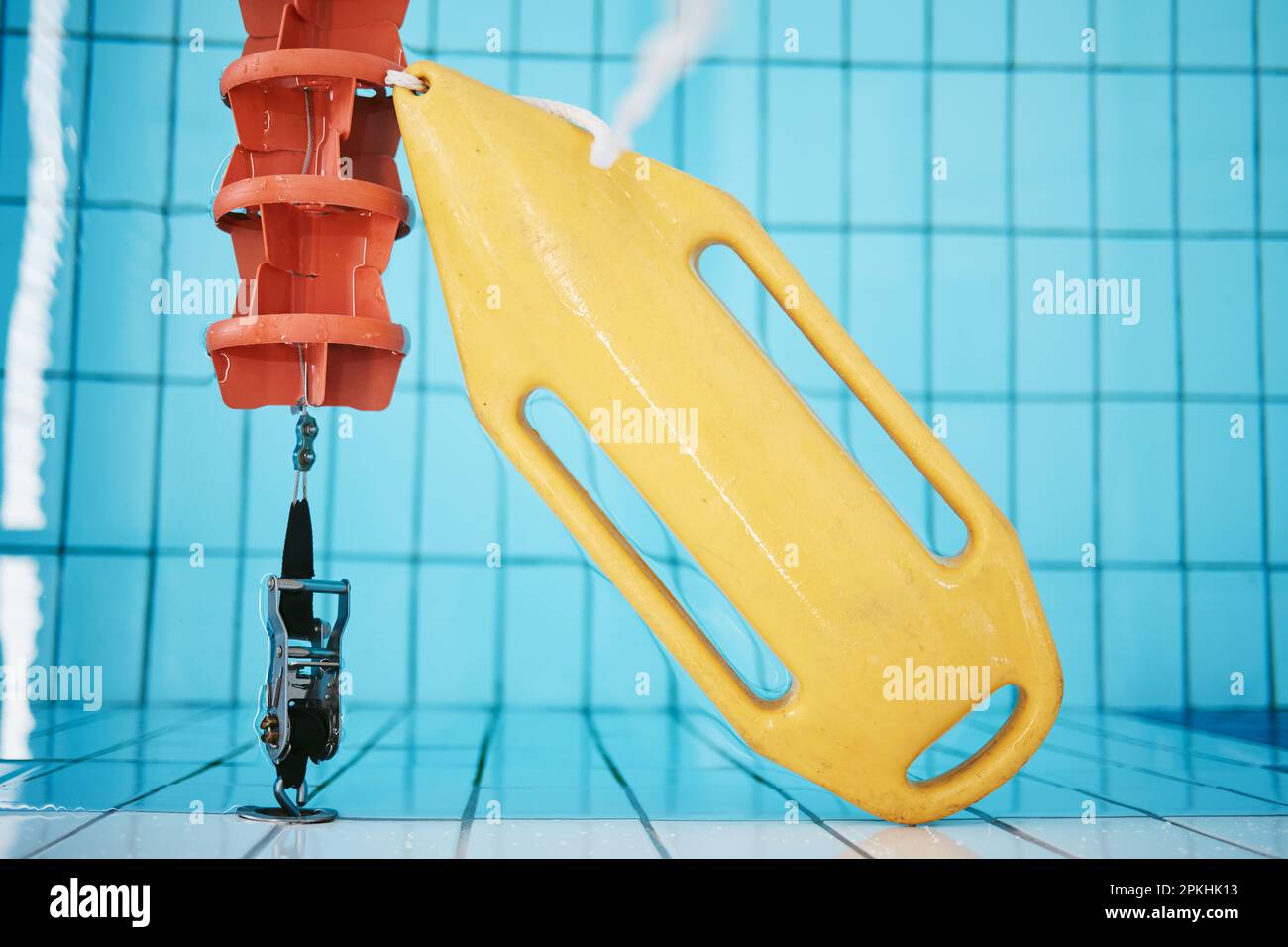 Above, water and a buoy in a pool for a lifeguard, life saving and ...