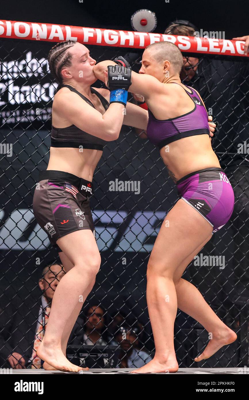 April 7, 2023: (R-L) Featherweight Olena Kolesnyk elbows Aspen Ladd during their PFL 2 Regular ...