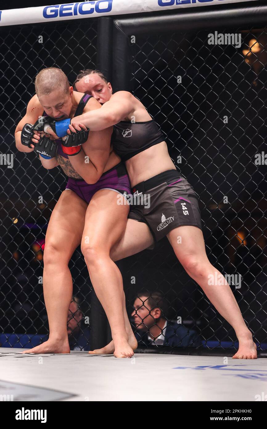 April 7, 2023: (L-R) Featherweight Olena Kolesnyk grapples with Aspen Ladd along the fence ...