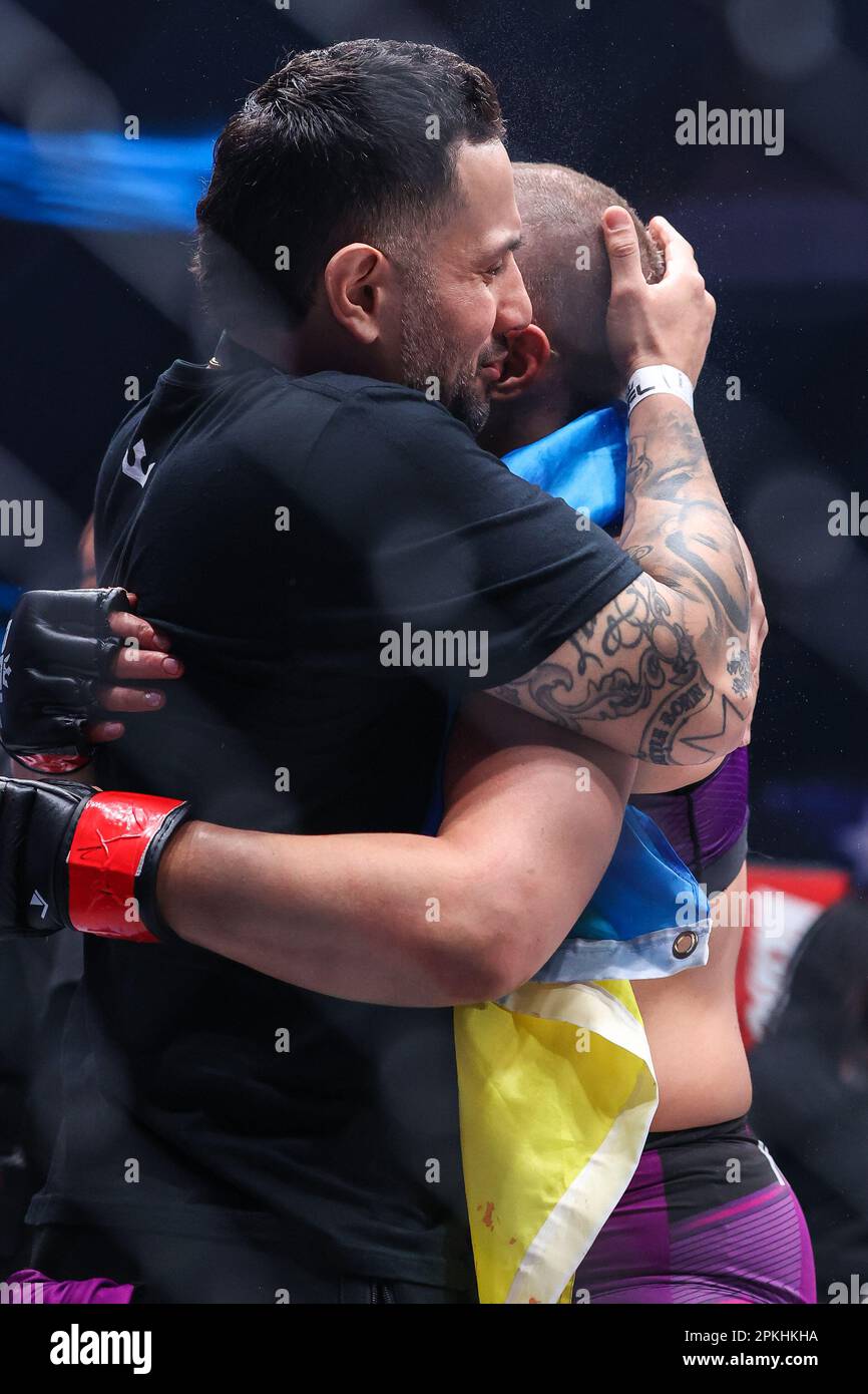 Las Vegas, NV, USA. 7th Apr, 2023. Featherweight Olena Kolesnyk hugs ...