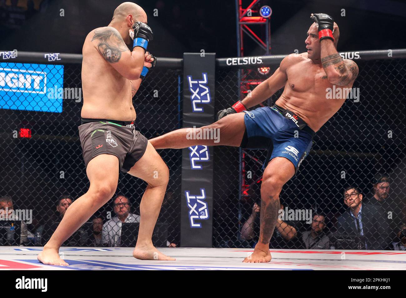 April 7, 2023: (R-L) Heavyweight Bruno Cappelozza kicks Matheus ...