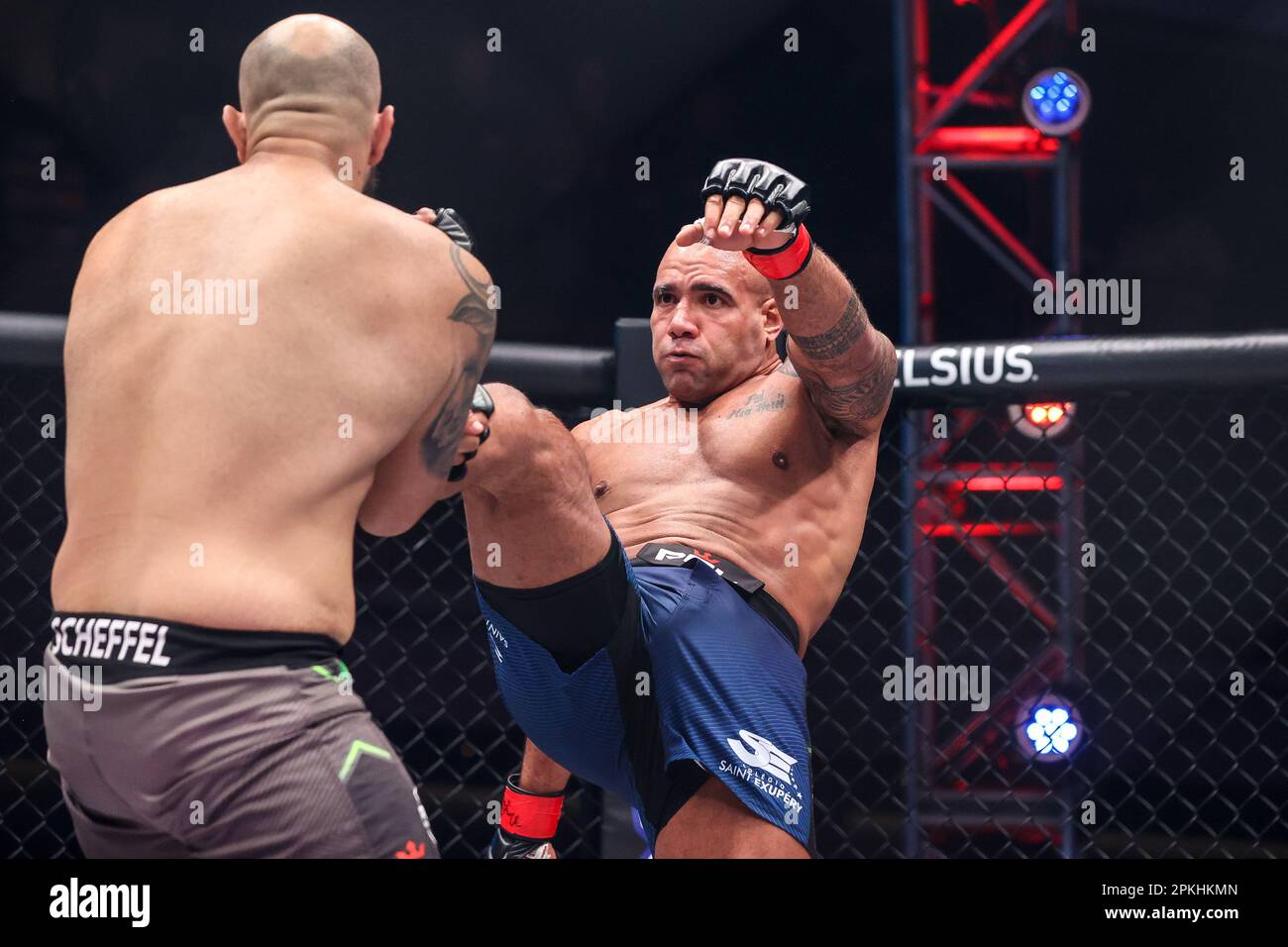 April 7, 2023: (R-L) Heavyweight Bruno Cappelozza kicks Matheus ...