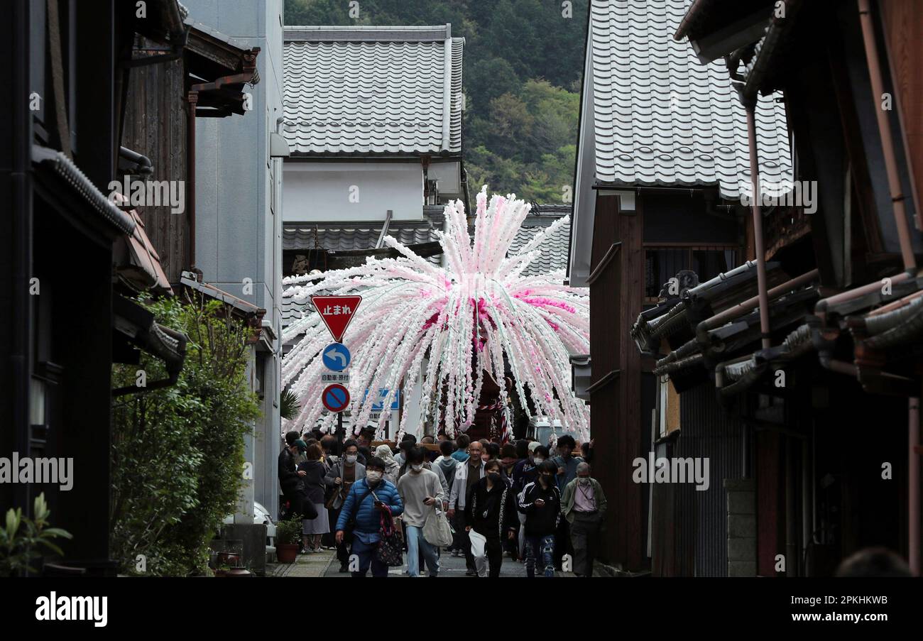 Flower mikoshi (float) is carried during the Mino Festival, Hachiman ...