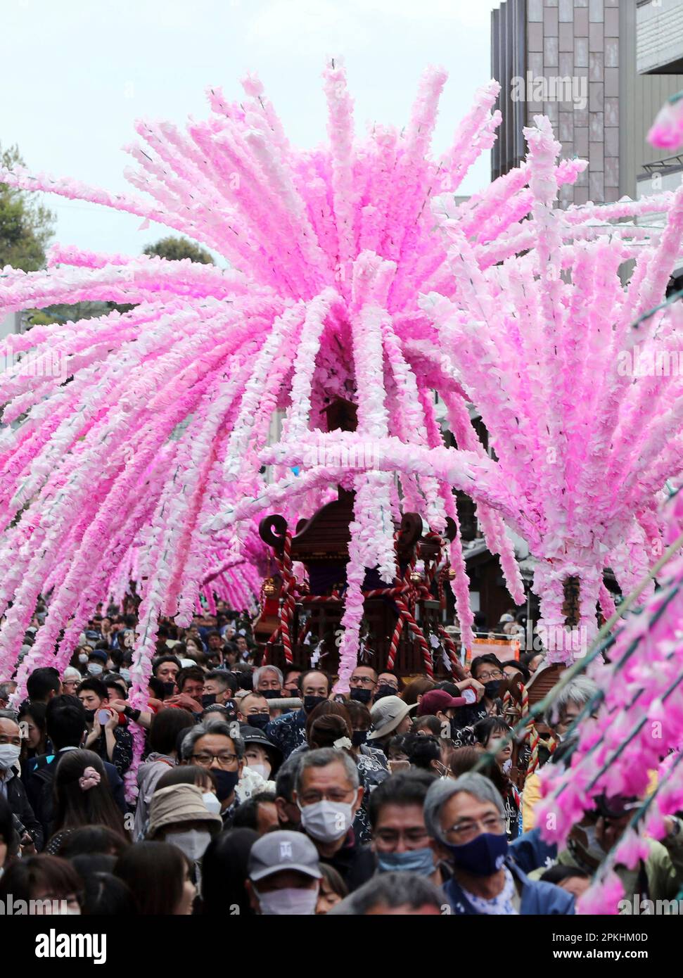 Flower mikoshi (float) is carried during the Mino Festival, Hachiman ...