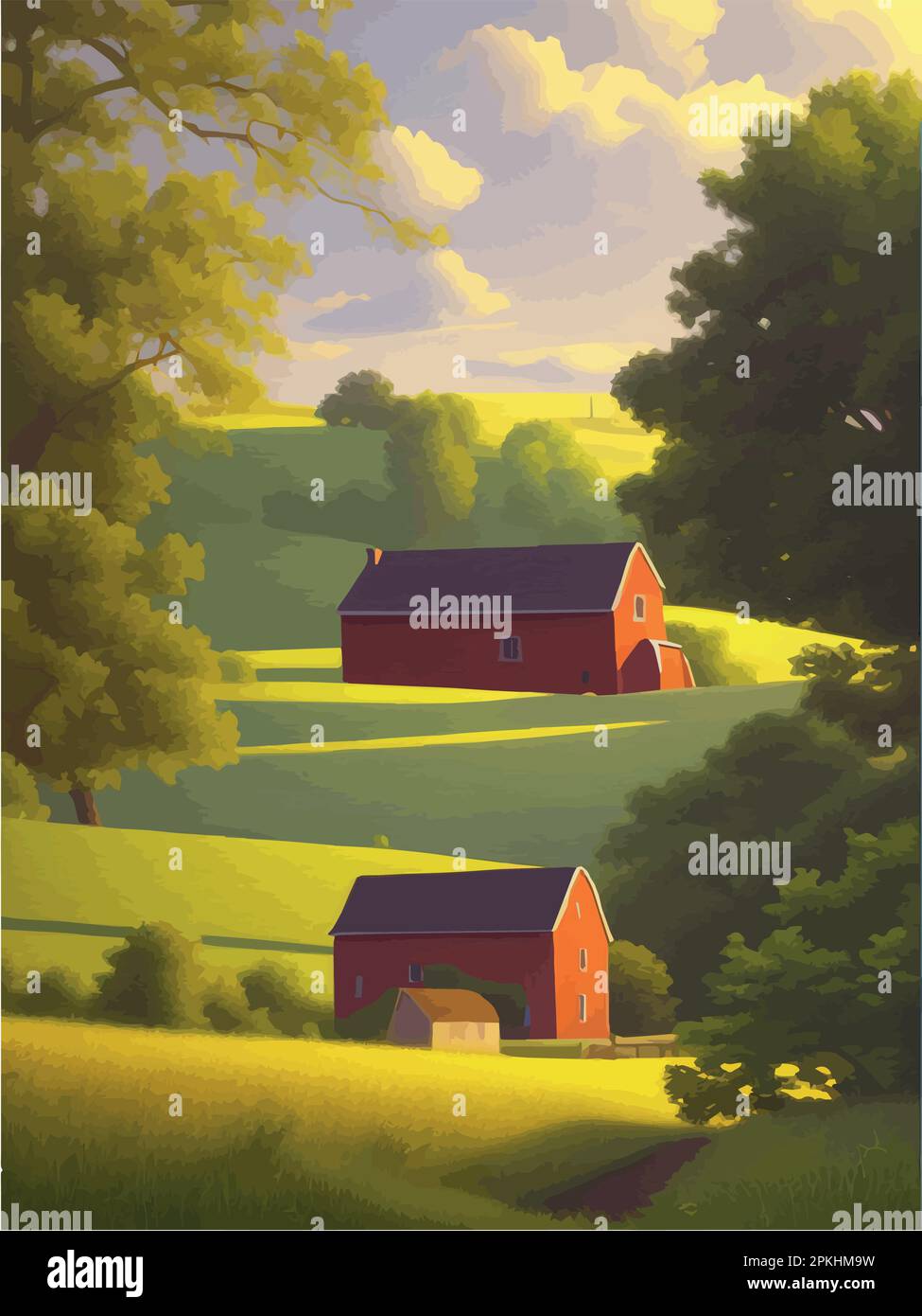 Rural landscape with sunny summer day in village. Beautiful summer ...