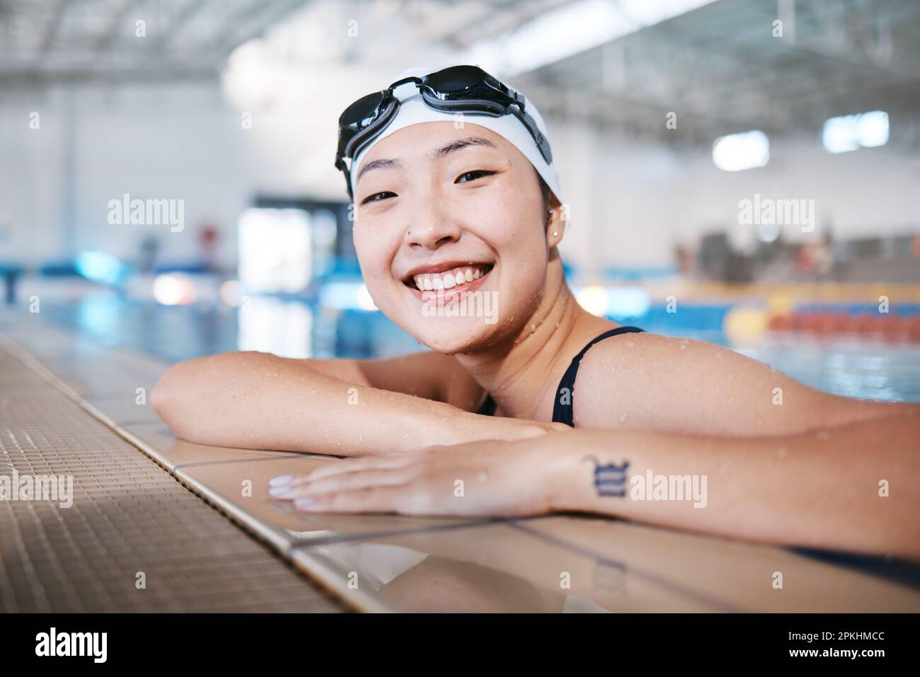 Professional swimming, portrait of happy woman in water at pool for ...