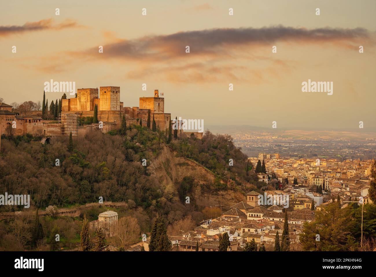 Alhambra panoramic scenic view with blue cloudy sky in Granada ...