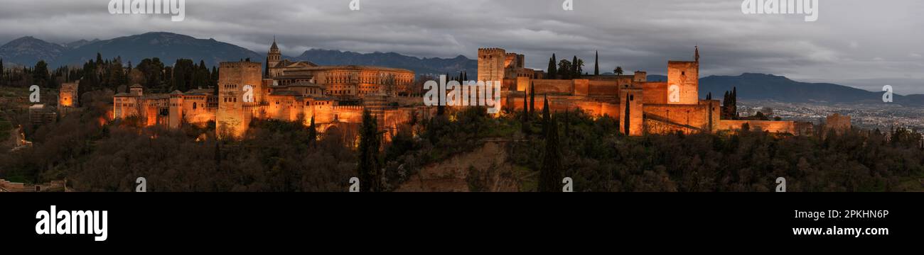 Alhambra panoramic scenic view with blue cloudy sky in Granada ...