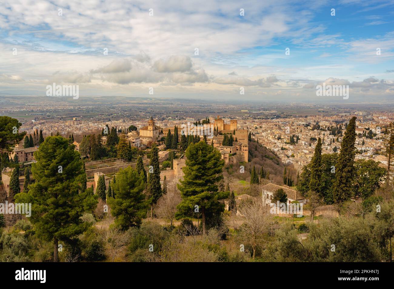 Alhambra panoramic scenic view with blue cloudy sky in Granada ...