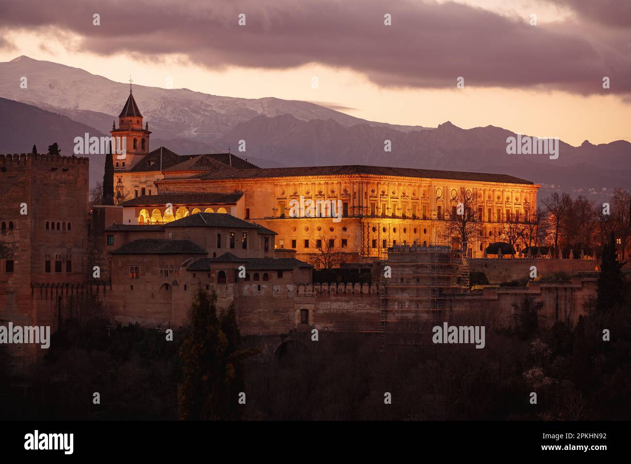 Alhambra panoramic scenic view with blue cloudy sky in Granada ...