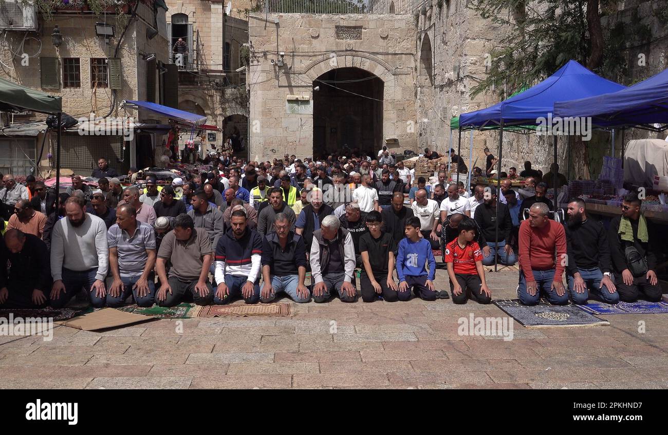 Muslim worshipers perform Ramadan Friday Prayer in front of Bab al ...