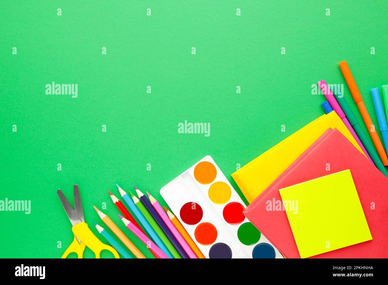 School supplies on green background. Back to school. Flat lay. Top view ...