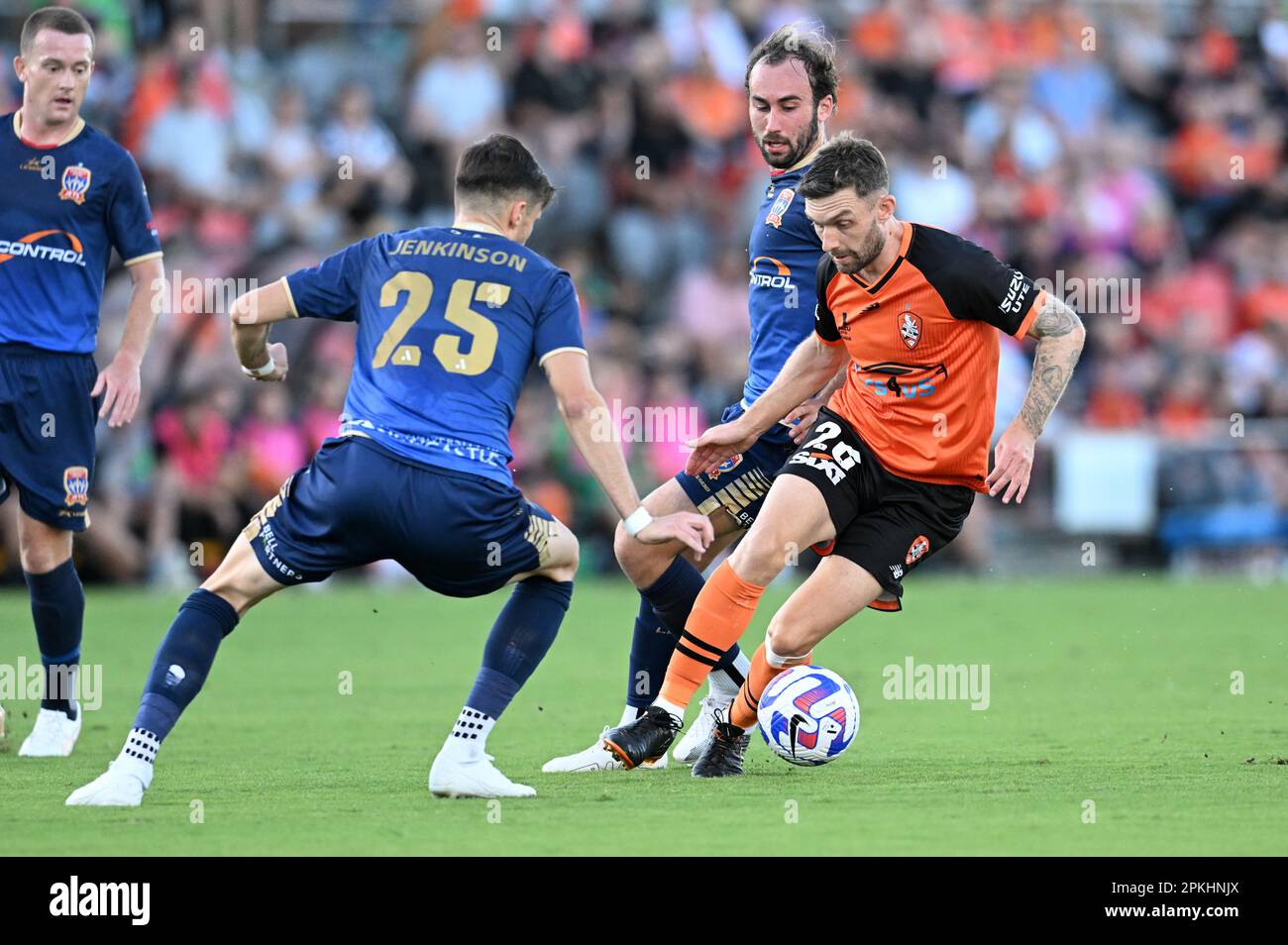 James O'Shea (right) of the Roar in action during the A-League Men's ...