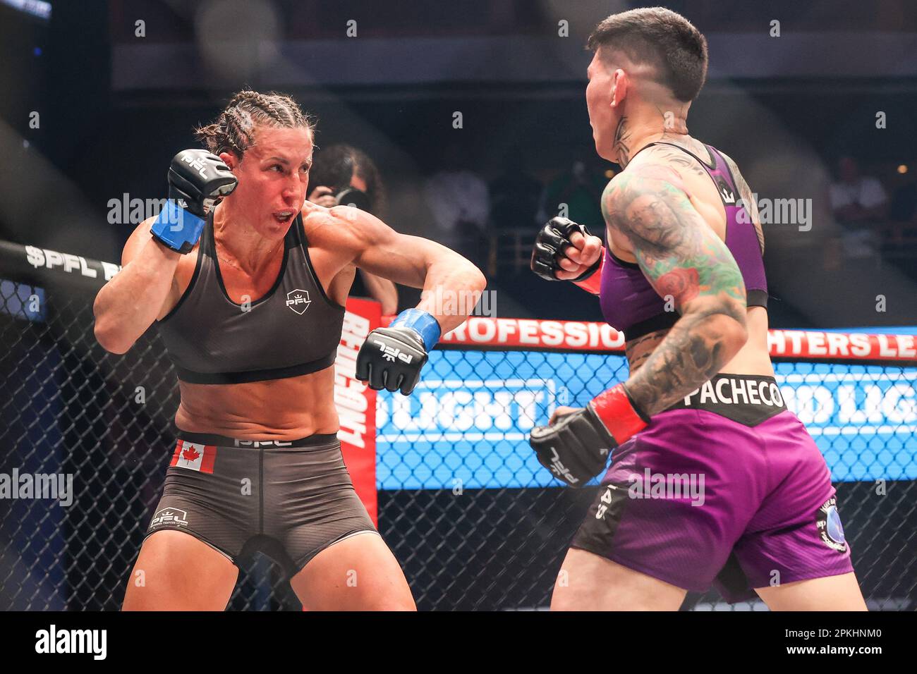 April 7, 2023: (R-L) Featherweight Julia Budd watches Larissa Pacheco ...