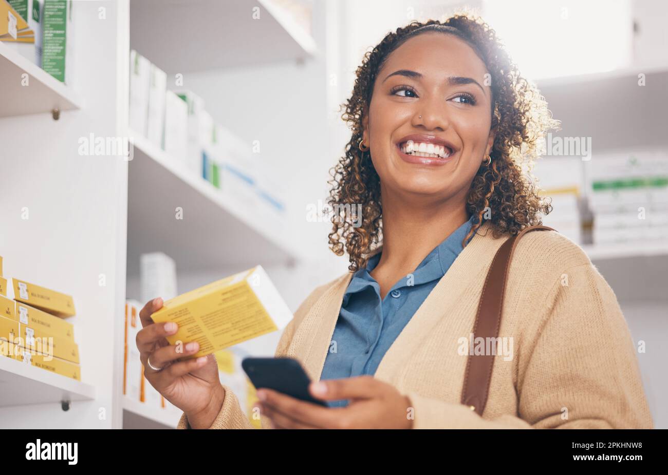 Pharmacy, product and phone of customer or woman with medicine choice ...