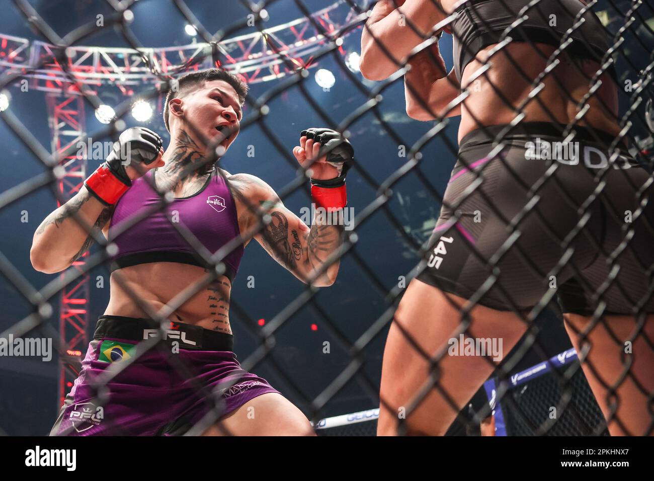April 7, 2023: (L-R) Featherweight Larissa Pacheco throws a punch at ...