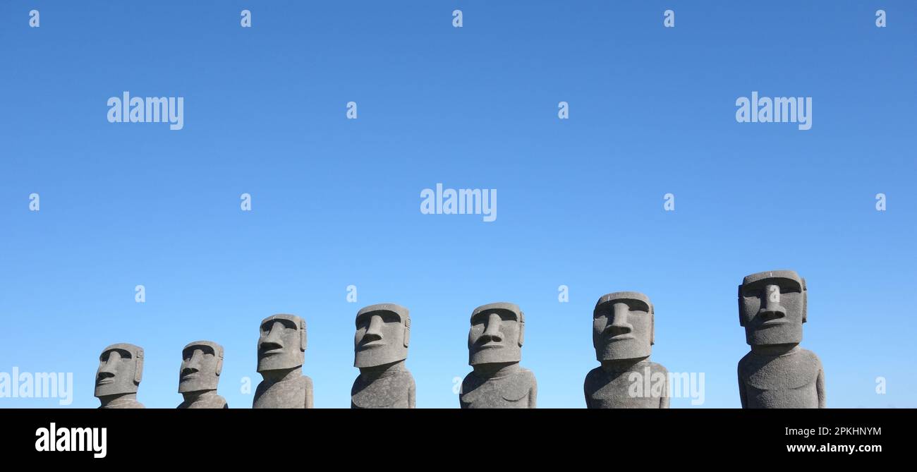 Replicate easter island moai statues Ahu Akivi with clear blue sky at ...