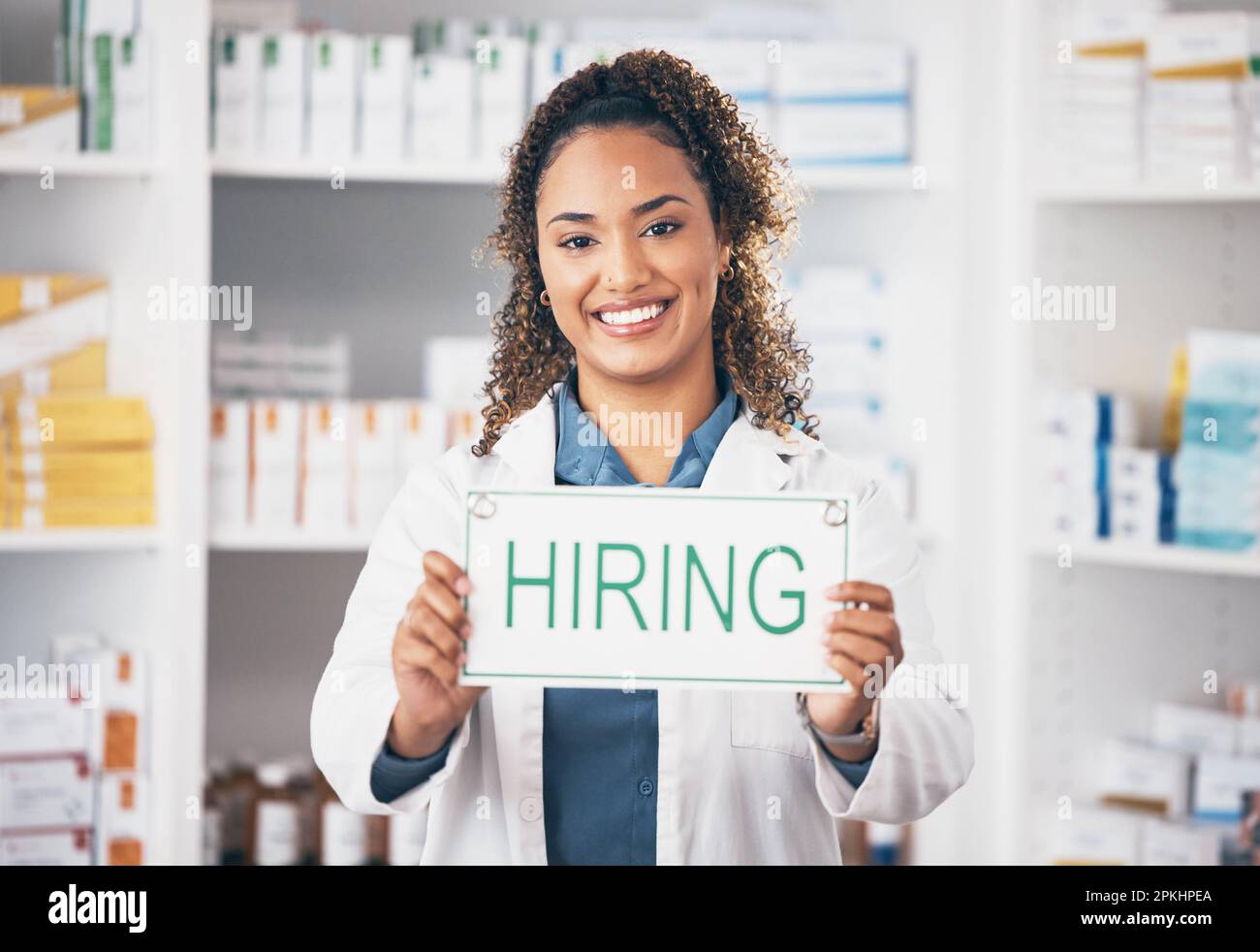 Pharmacist woman, smile and poster in portrait for hiring, job and ...