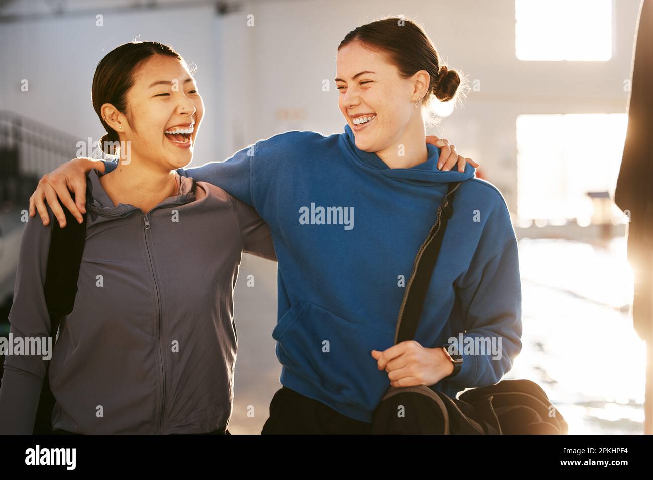Fitness, women and friends outdoor, hug and smile after training ...