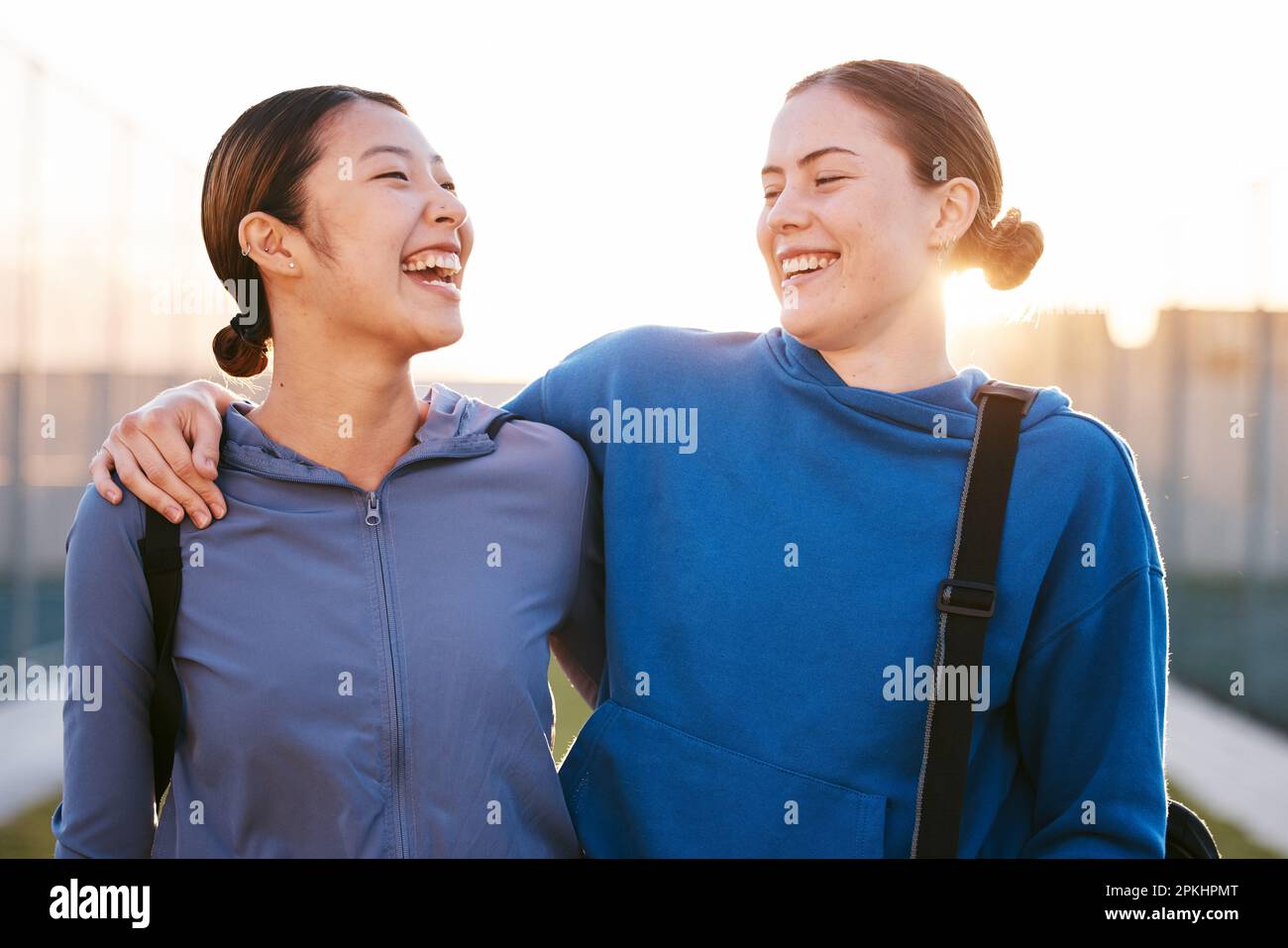 Exercise, women and friends outdoor, hug and training for workout ...