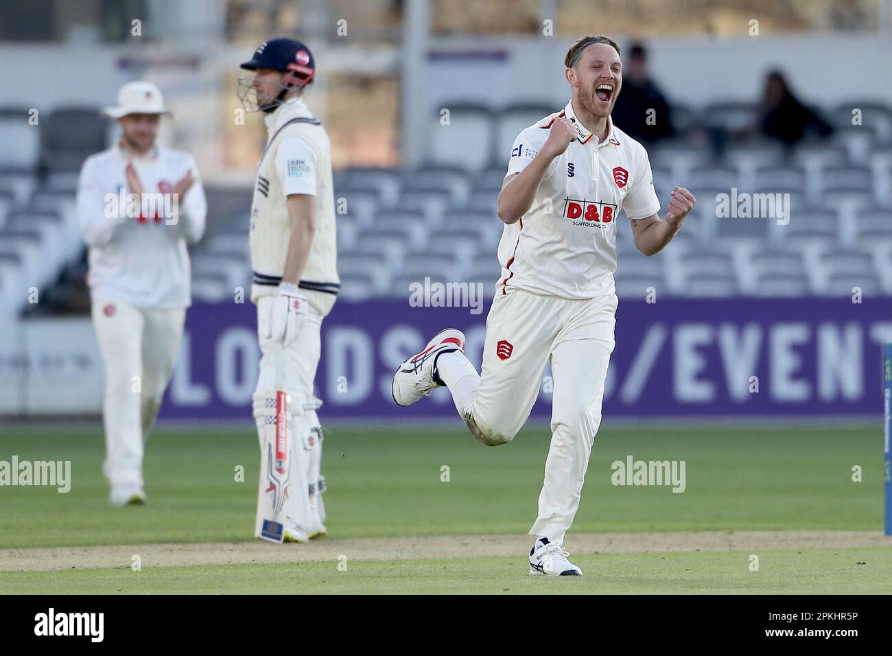 Jamie Porter of Essex celebrates taking the wicket of Toby Roland-Jones ...