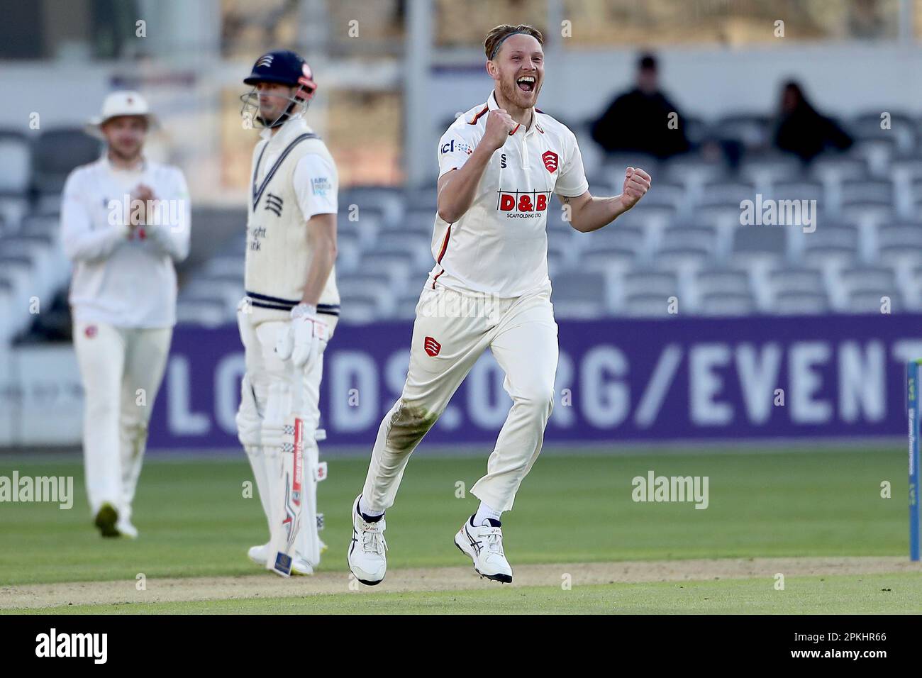 Jamie Porter of Essex celebrates taking the wicket of Toby Roland-Jones ...