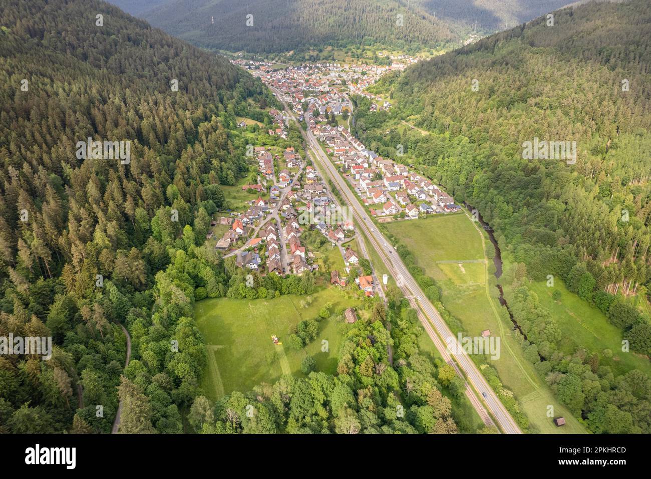 Aerial view of the town in the green forest, Bad Wildbad, Black Forest ...