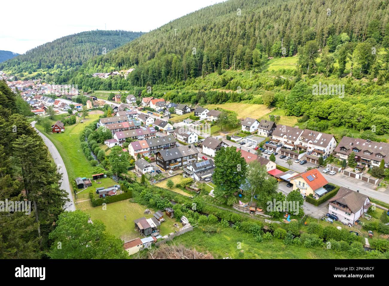 Aerial view on green place in spring, Bad Wildbad, Black Forest ...