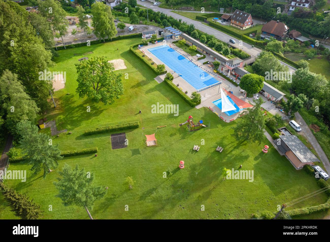 Empty outdoor pool from the air, Bad Wildbad, Black Forest, Germany ...