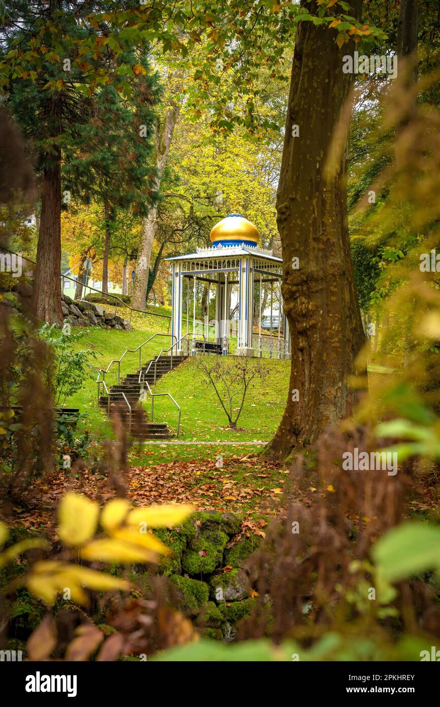 Historical pavilion in autumn, Bad Wildbad, spa garden, Black Forest ...