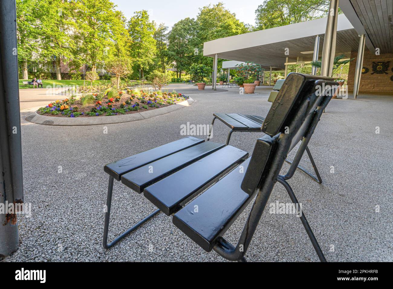 Park bench in the town garden. Bad Wildbad, Black Forest, Germany Stock ...