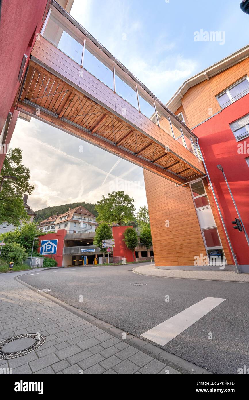 Bridge between two houses in the town centre, Bad Wildbad, Black Forest ...