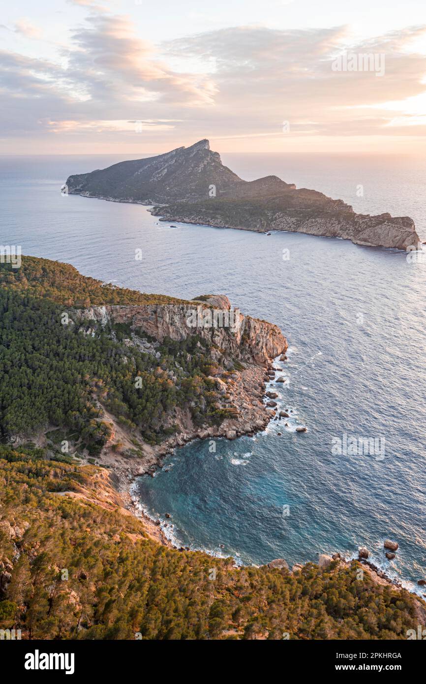View of mountains and coast with sea, at sunset, hiking to La Trapa ...