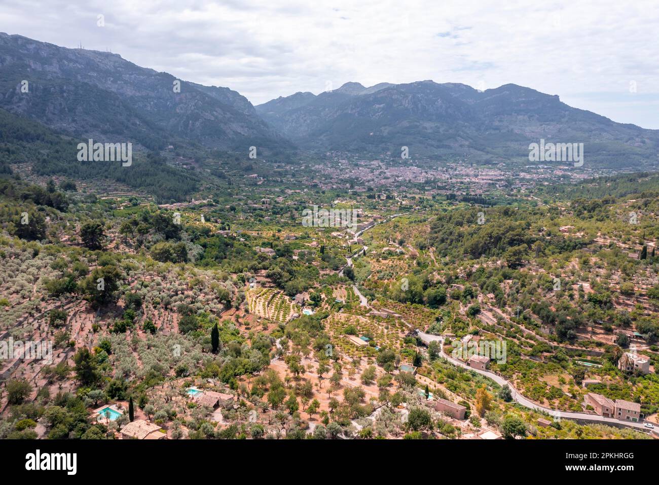 Mediterranean mountain landscape with olive plantations, aerial view ...