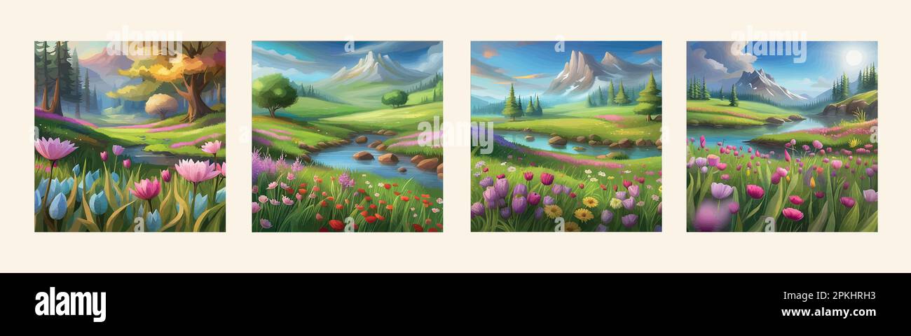 Banner set Field spring wild flowers against backdrop mountains lit by ...