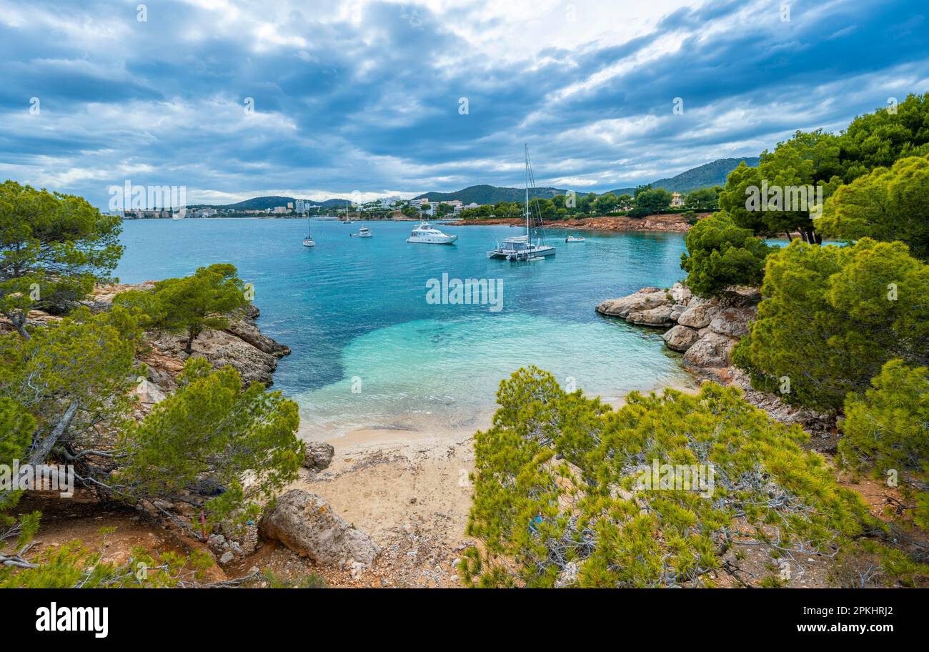 Small bay with sandy beach and blue sea, sailing yachts in the bay ...