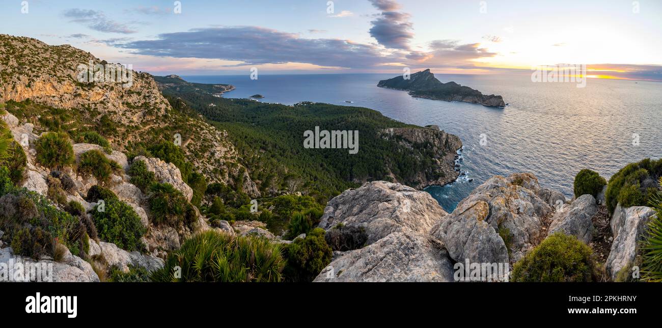 Panorama, view of mountains and coast with sea, at sunset, hiking to La ...